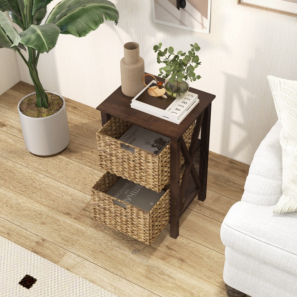 2-Tier Nightstand w/2 Drawers 2 Seagrass Baskets Rubber Wood X-Shaped ...