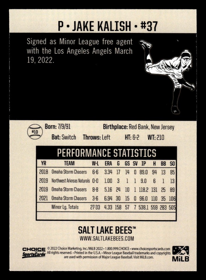 Jake Kalish 2022 Choice Salt Lake Bees #10 Salt Lake Bees | eBay