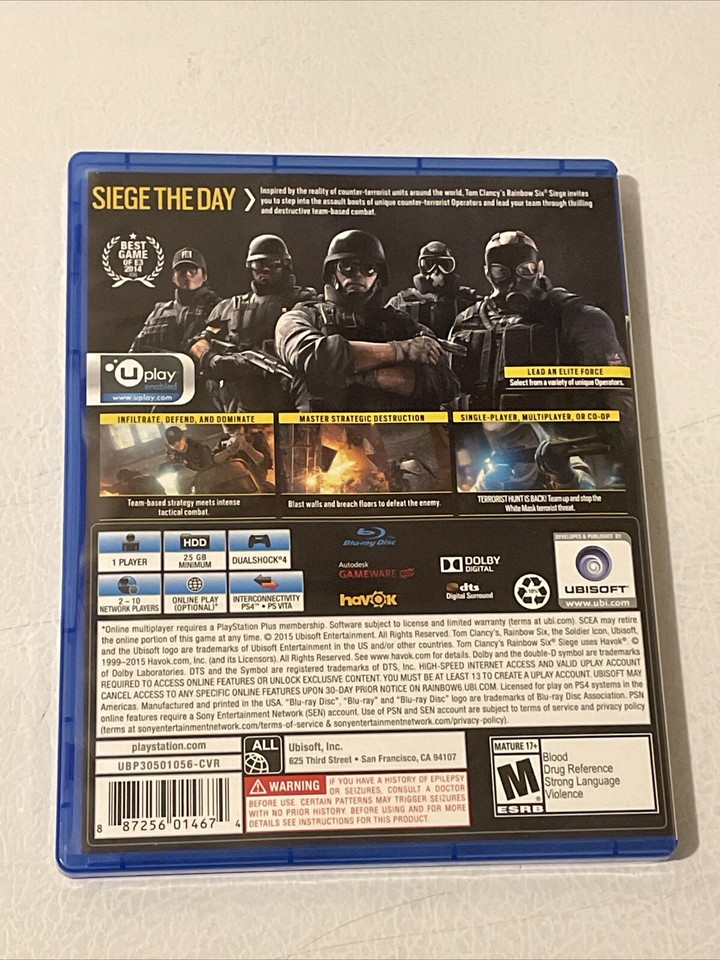 Tom Clancy's Rainbow Six Siege - PlayStation 4 PS4 - Tested Working ...