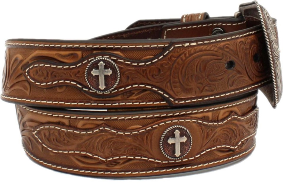 Ariat Western Mens Belt Leather Tooled Floral Cooper Cross Concho Brown ...