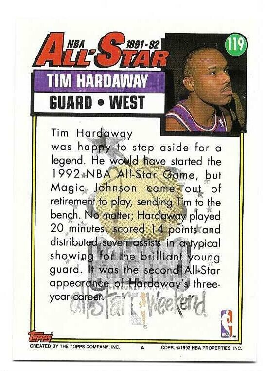 TIM HARDAWAY 1992-93 TOPPS ALL STAR CARD NM-MT+ CONDITION | eBay