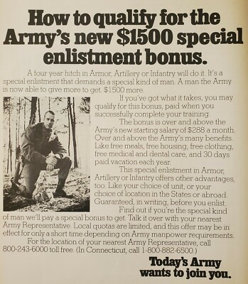 1972 United States US Army Enlistment Armor Artillery Infantry Vintage ...