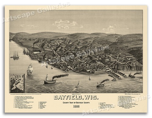 Bird's Eye View 1886 Bayfield Wisconsin Vintage Style City Map - 18x24 ...