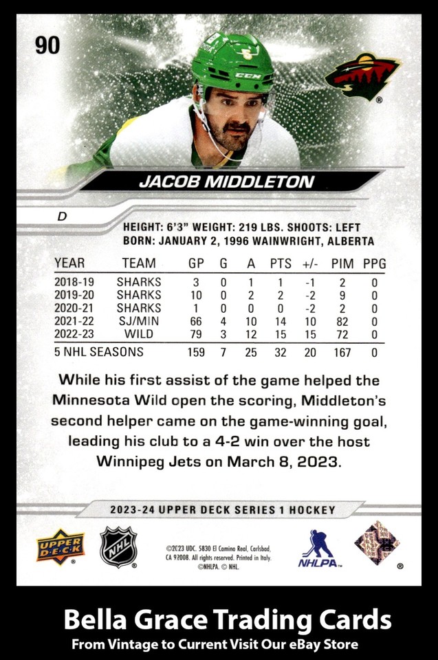 2023-24 Upper Deck Jacob Middleton #90 Minnesota Wild NHL Hockey | eBay