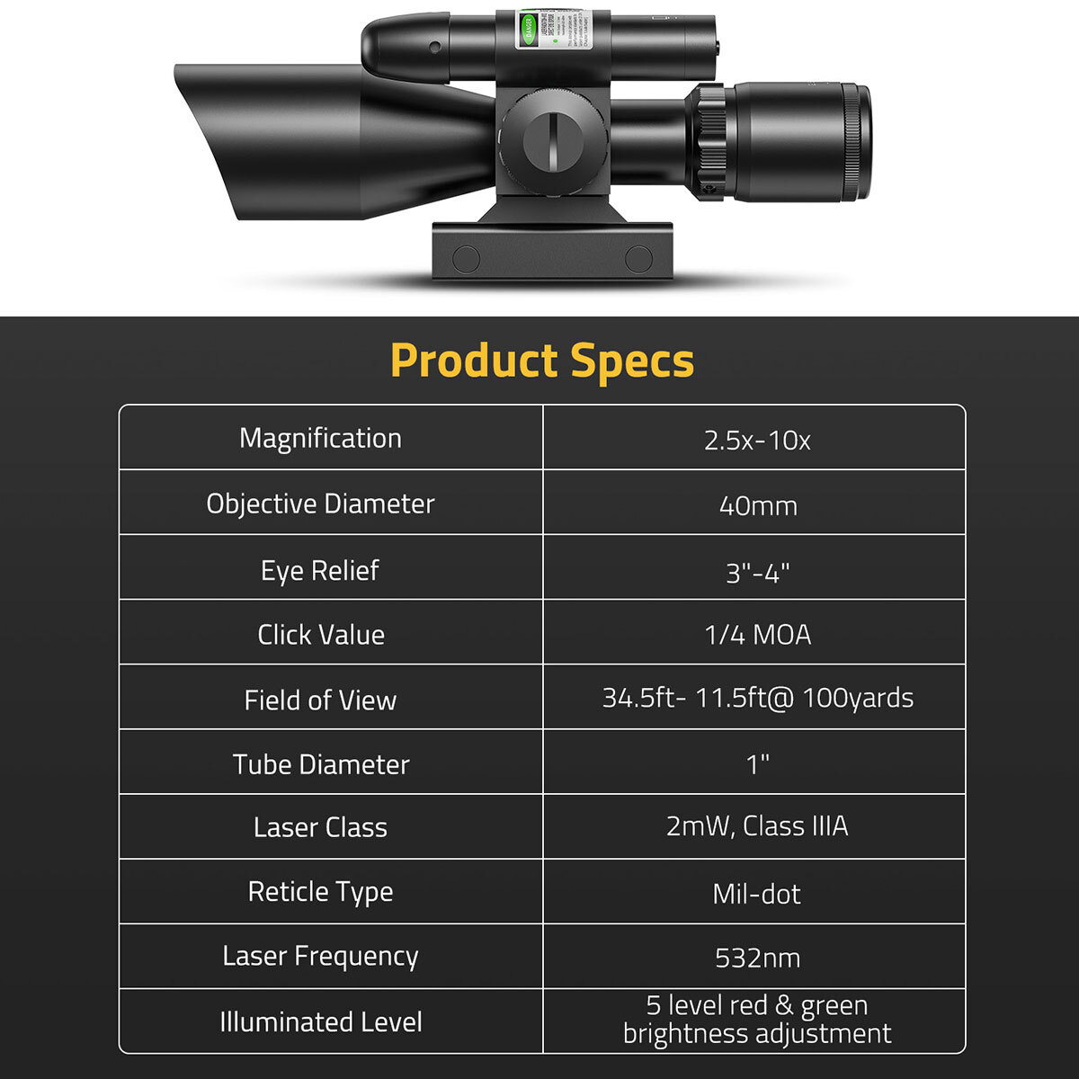 Tactical 2.5-10x40EG Rifle Scope Mil-dot Dual illuminated w/ Green ...