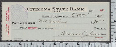 0556 Citizens State Bank check D W Binkerd Hamilton Montana Grace ...