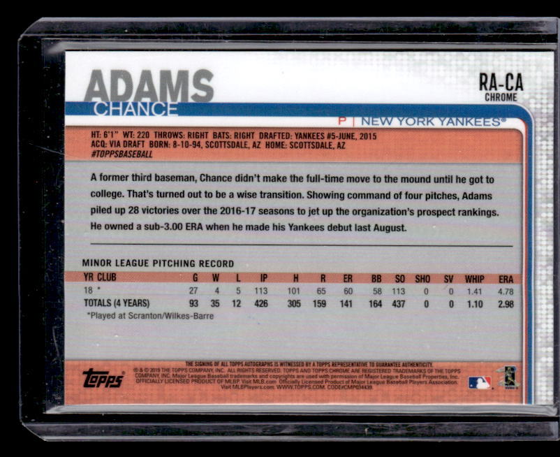 2019 Topps Chrome #RA-CA Chance Adams Rookie Autographs Nm/M | eBay