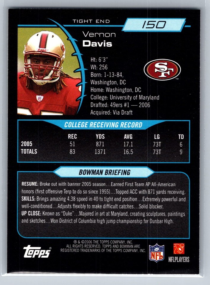 2006 Bowman #150 Vernon Davis Rookie Card Future HOF 49ers | eBay