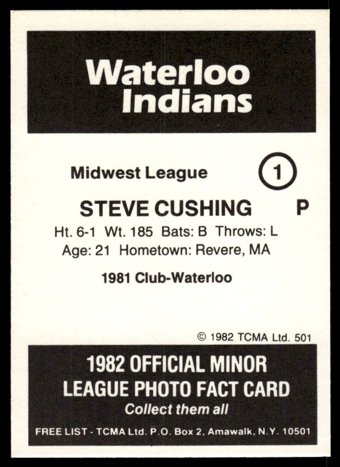 1982 TCMA Waterloo Indians Steve Cushing Waterloo Indians #1 | eBay