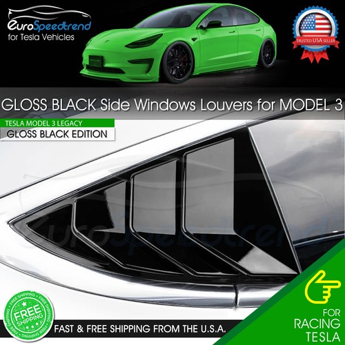 For 2017-2021 Tesla Model 3 Gloss Black Rear Side Window Louver Shutter ...