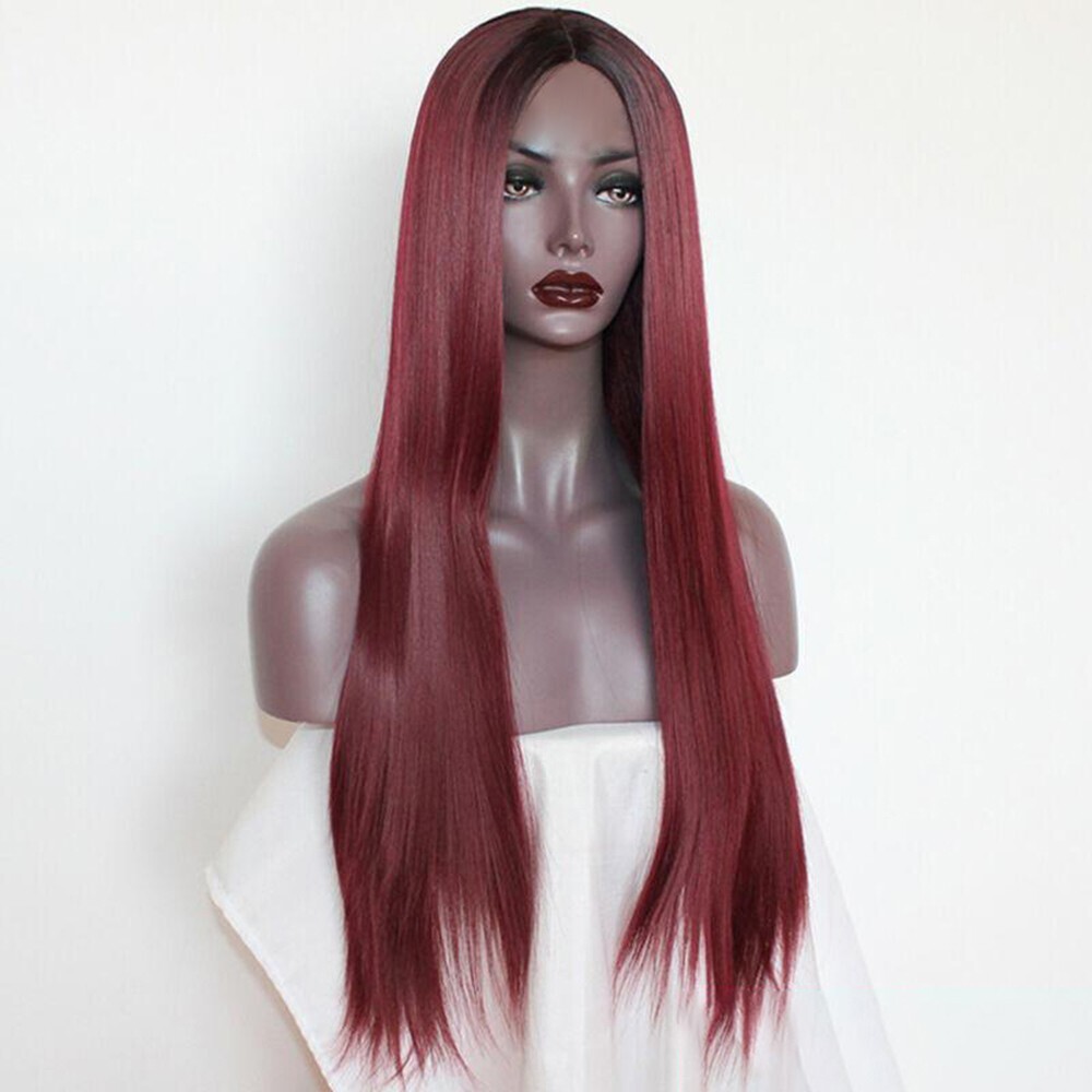 Wine Red Ombre Burgundy Wigs Heat Resistant Synthetic Long Straight ...