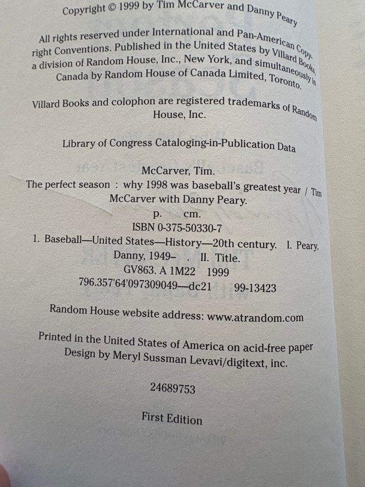 TIM McCARVER AUTOGRAPHED "The PERFECT SEASON"WHY 1998 WAS BASEBALL ...