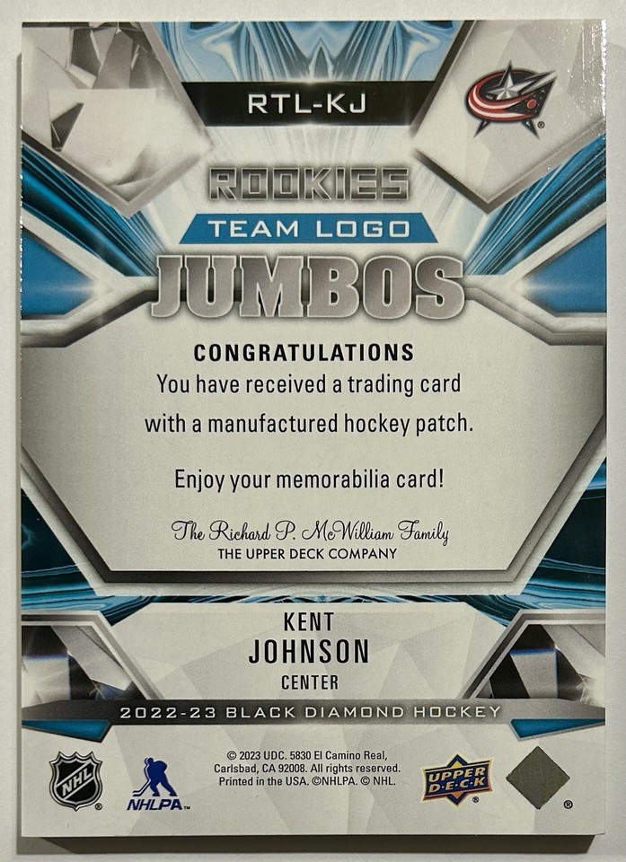 22-23 Black Diamond 🔥 KENT JOHNSON 🔥 Team Logo Jumbos Rookies RC Card # ...