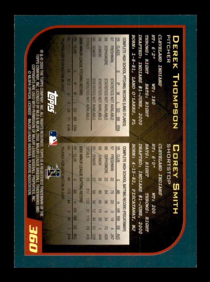 2001 Baseball Topps Thompson/Smith PR3905 Cleveland Indians #360 DP RC ...