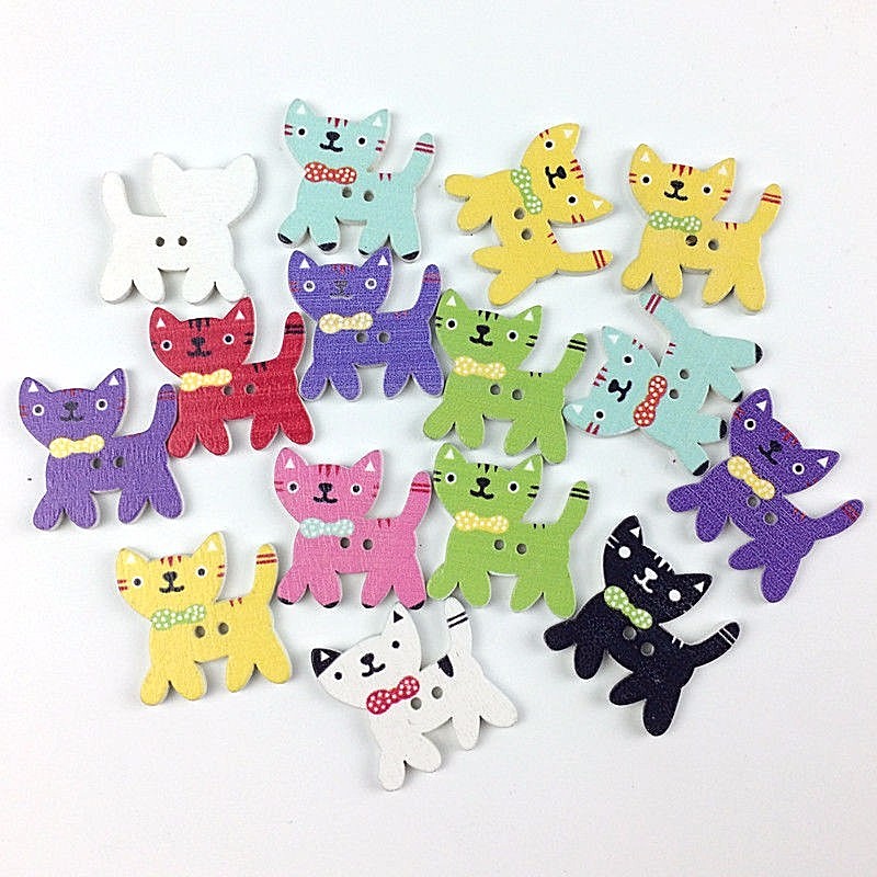 Pkg of 10 COLORED CATS 2-hole Wooden Buttons 1" (25mm) Scrapbook Craft ...