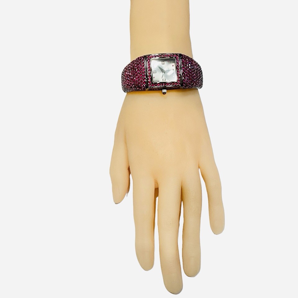 Joan Boyce Pink Rhinestone Watch Cuff Bracelet Round Gunmetal UNTESTED ...