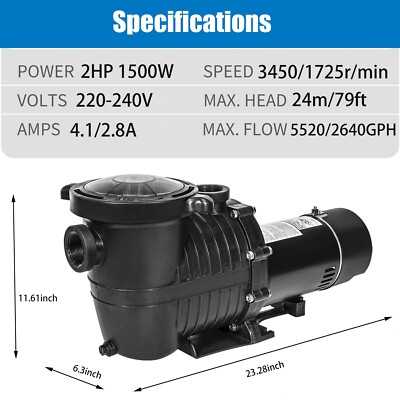 2HP Dual Speed High-Flo INGROUND Swimming POOL PUMP Strainer Energy ...