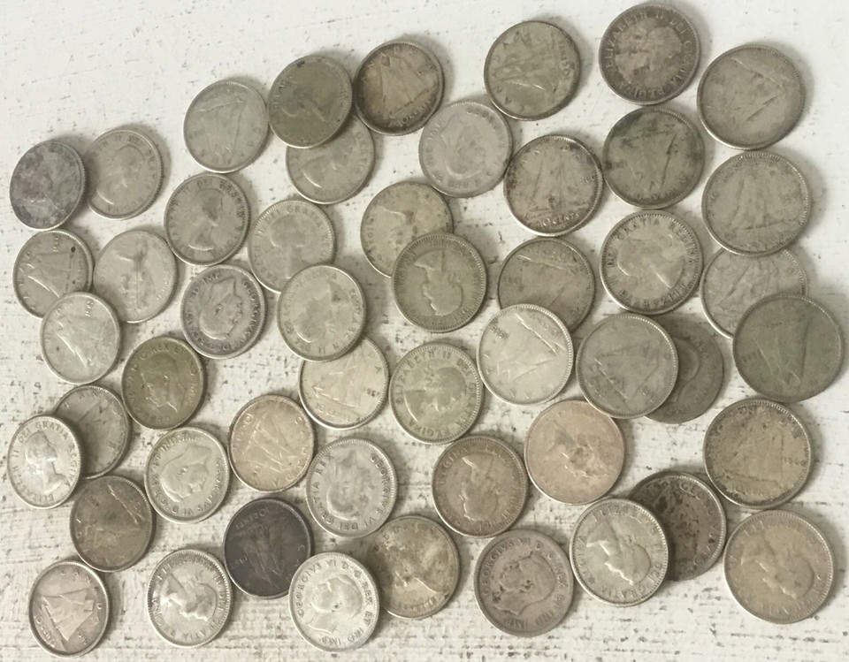 50 Coin Canada Dime Lot 80% Silver $5 Face Value Canadian Dimes Roll A ...