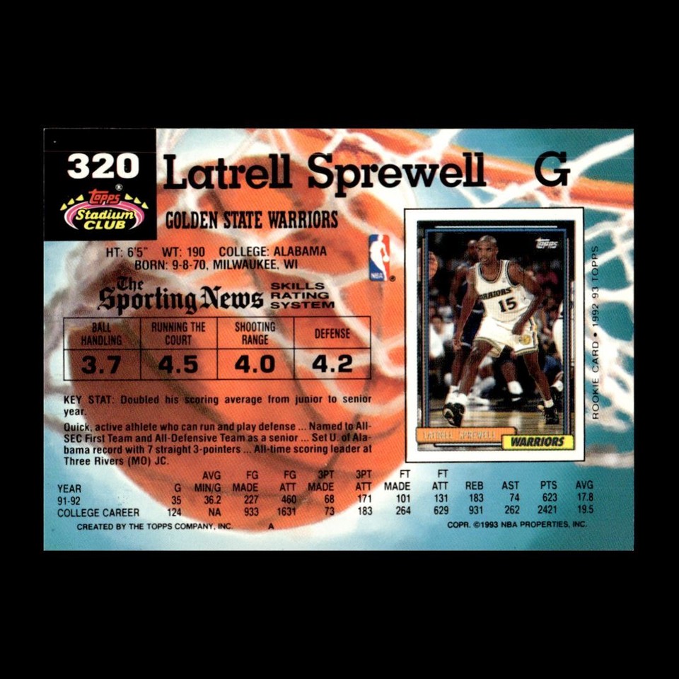 Latrell Sprewell 1993-94 Stadium Club Rookie Golden State Warriors #320 ...
