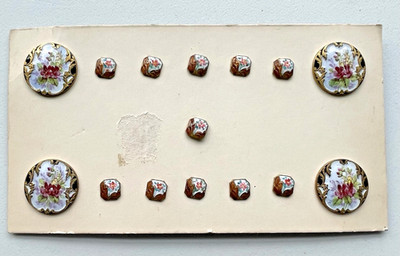 Antique Enamel Buttons 4 large Violets 13 Small Square Buttons on Card ...
