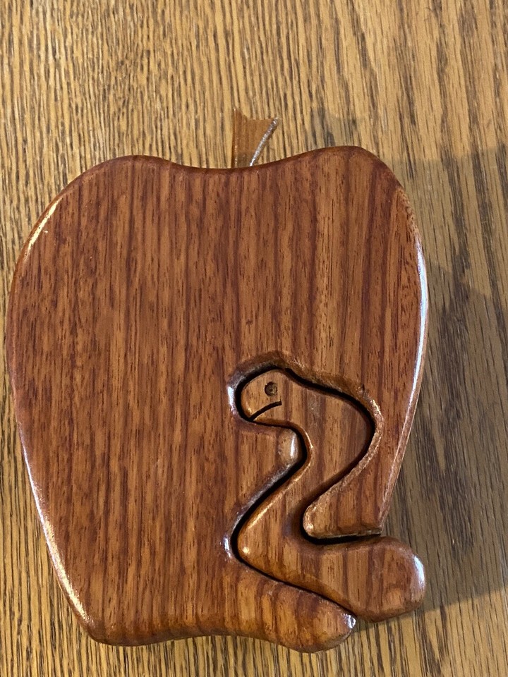 Puzzle Box APPLE Secret Stash Trinkets Hand Carved wood w/ Worm 5"x5"x2 ...
