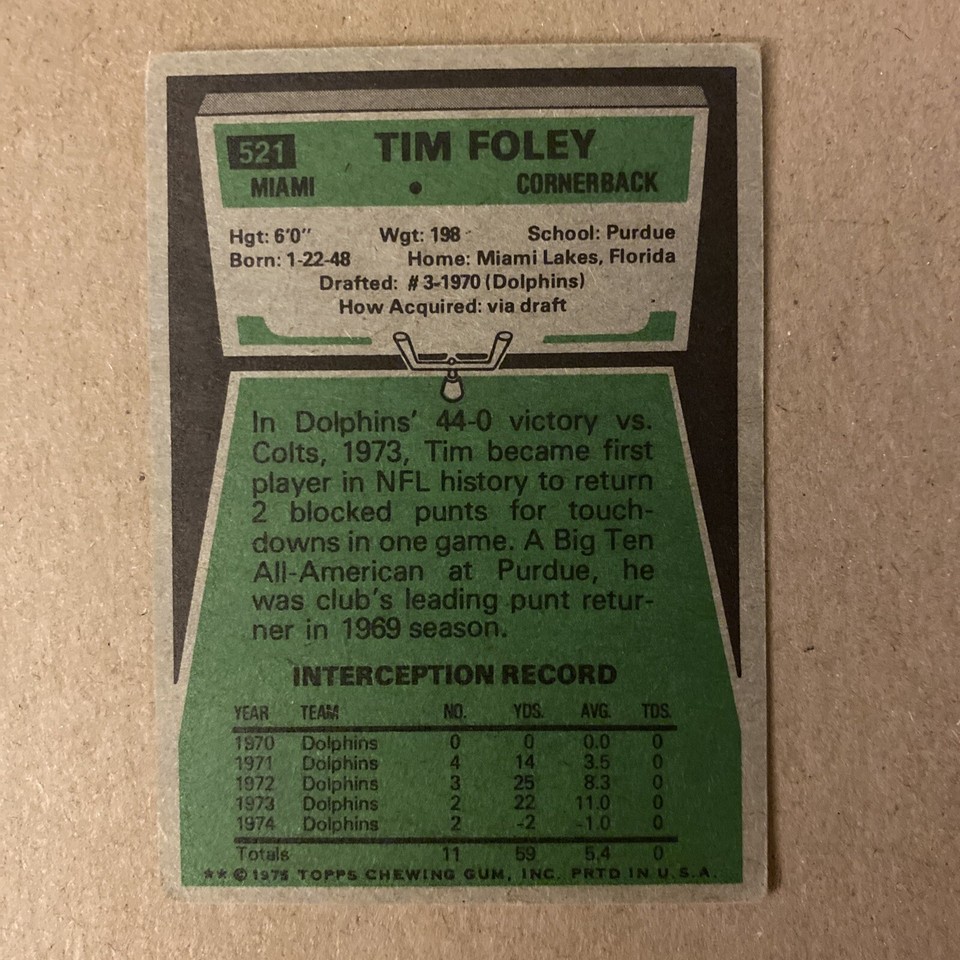 1975 Topps Football Tim Foley Miami Dolphins Card #521 | eBay