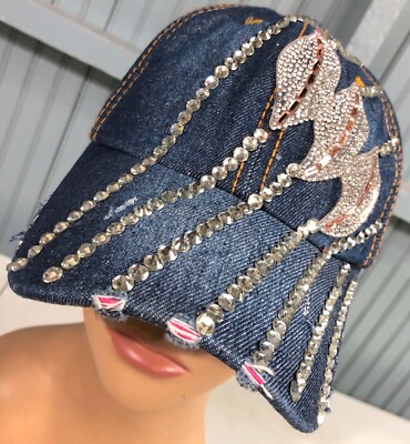 Denim Bedazzled Jeweled Rhinestone Distressed Heavy Strapback Baseball ...