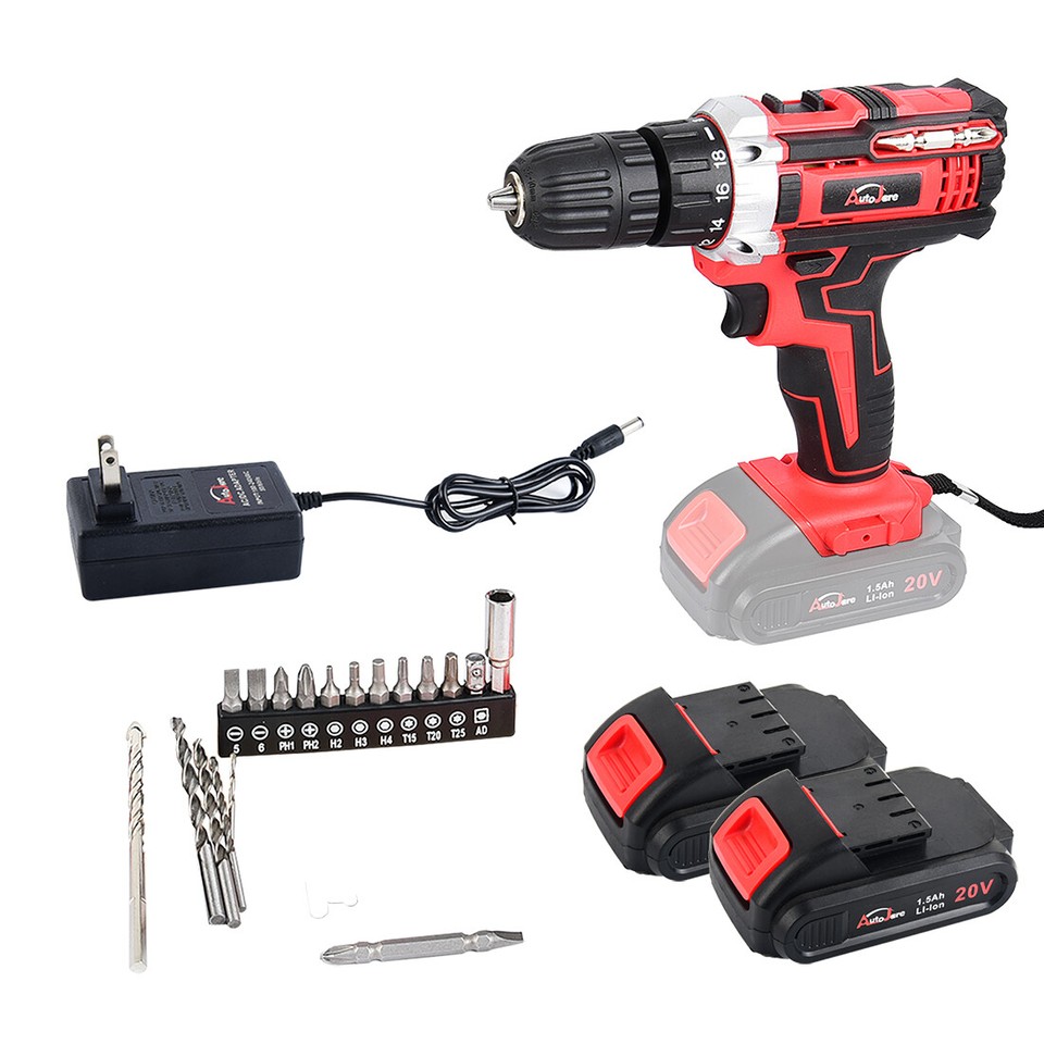 20-Volt Drill 2 Speed Electric Cordless Drill / Driver with Bits Set ...