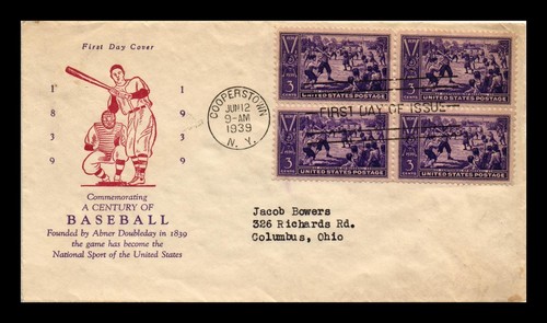 DR JIM STAMPS US COVER BASEBALL CENTENNIAL FDC SCOTT 855 BLOCK OF 4 | eBay