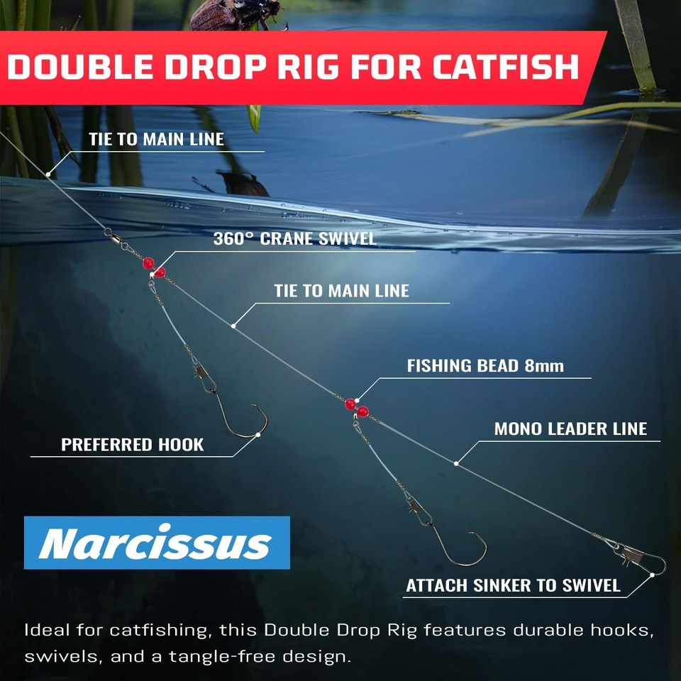 Double Drop Saltwater Fishing Rig – Mono 2 Hook Bottom Rigs with ...