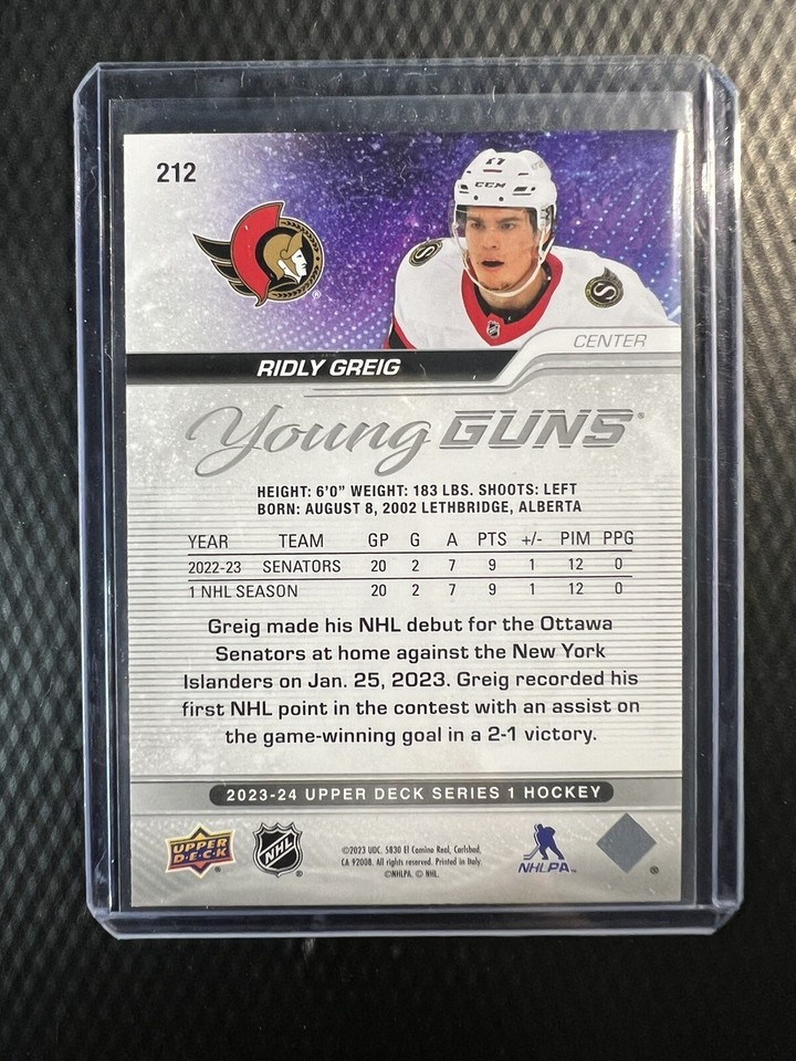 2023-24 UPPER DECK SERIES 1 RIDLY GREIG YOUNG GUNS ROOKIE CARD #212 | eBay