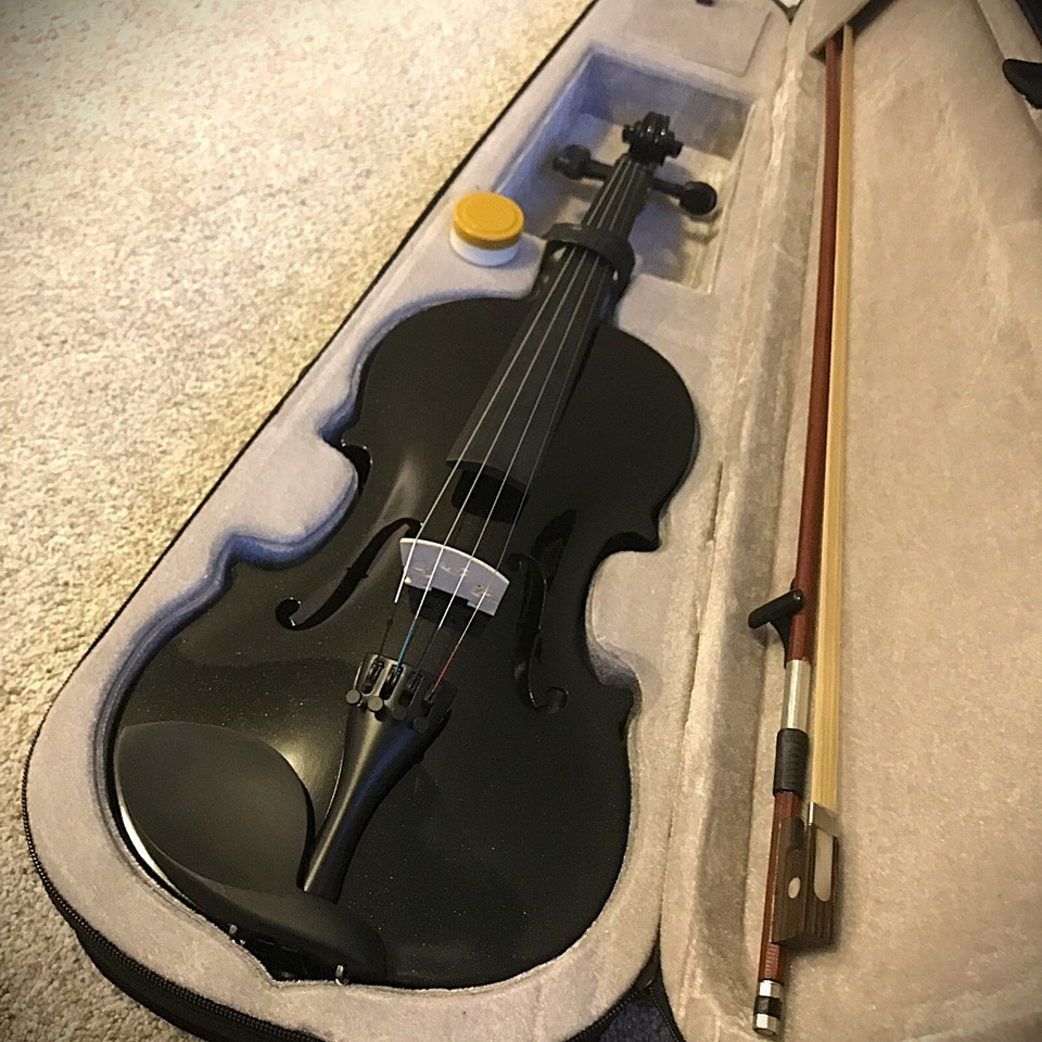 Full-Size 4/4 Midnight Black Sparkle Violin Fiddle with Case, Bow, and ...