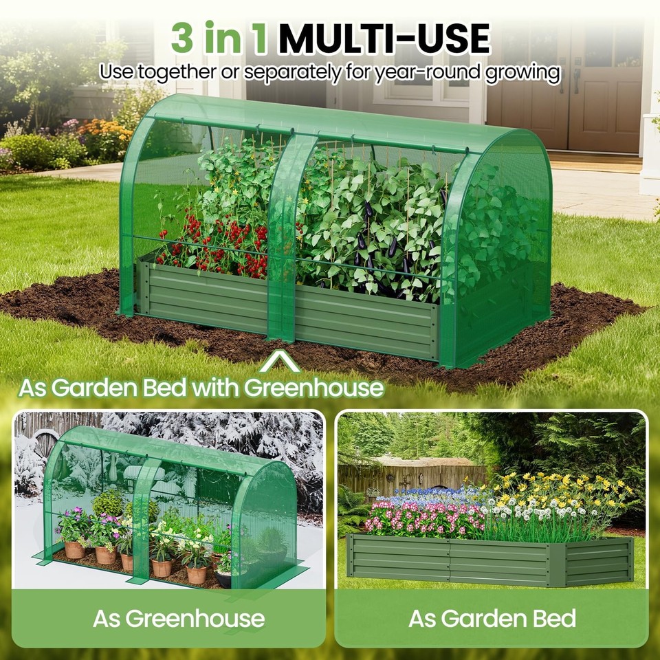 Raised Garden Bed with Mini Greenhouse, Galvanized Metal Planter Box ...
