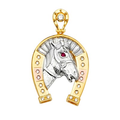 14K Tri Color Gold CZ Eye Horse Shoe Face Lucky Charm Pendant For ...