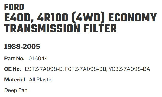 for FORD E4OD 4R100 Transmission Filter 4WD, Deep-Pan 1989-05 Raybestos ...