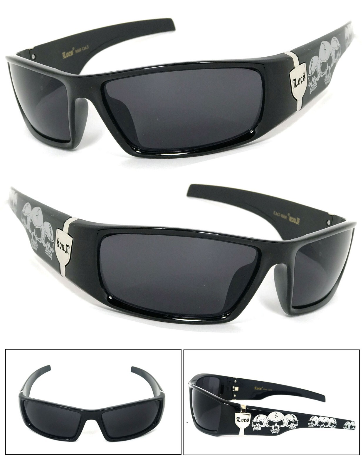 Locs Sunglasses Shiny Black Frame (Skull Pattern Temples) Smoke Lens | eBay