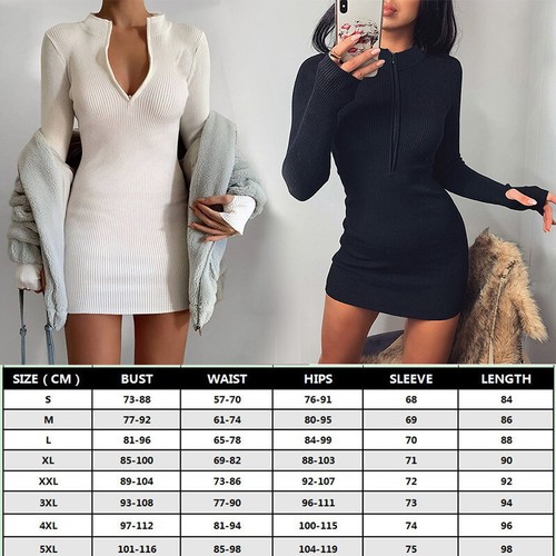 Women Sexy Zip Open Front Knit Bodycon Dress Mini Long Sleeve Sweater ...