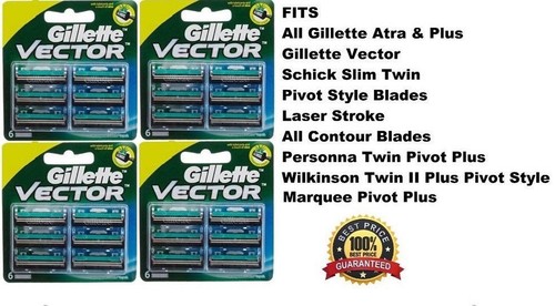 24 GILLETTE Vector BLADES Cartridges Fits Atra Plus Razor Shaver ...