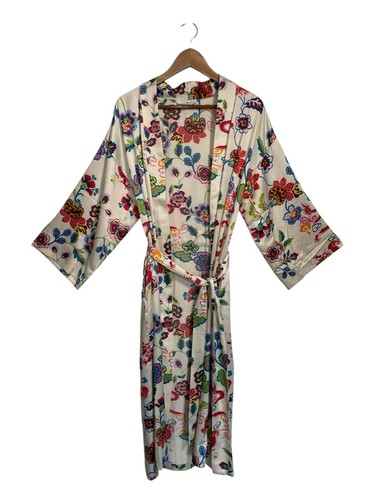 NATORI White Oriental Asian Inspired Print Satin Kimono Long Robe Small ...