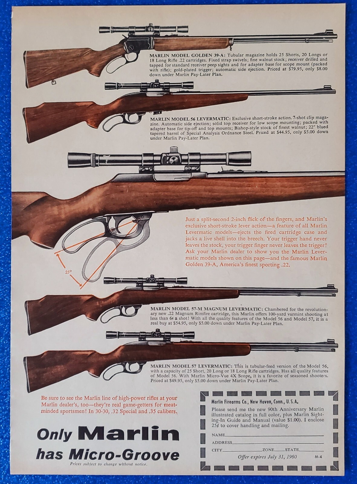 1960 MARLIN PRODUCT LINE-UP OF HIGH-POWERED RIFLES ORIGINAL FIREARM ...