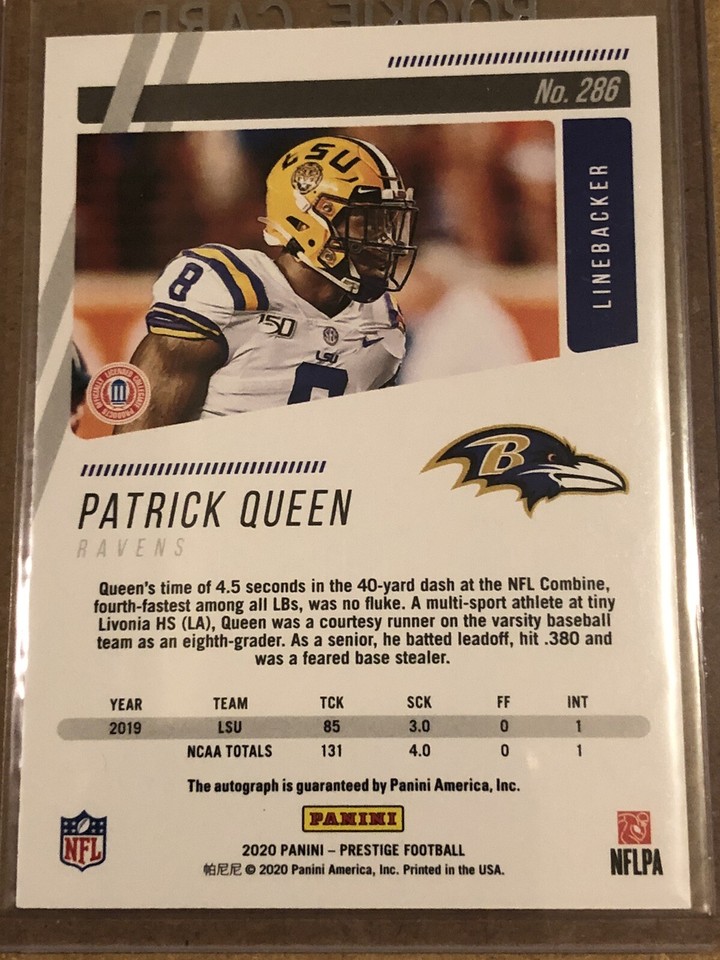 2020 Panini Prestige Football Auto Patrick Queen LSU Baltimore Ravens ...