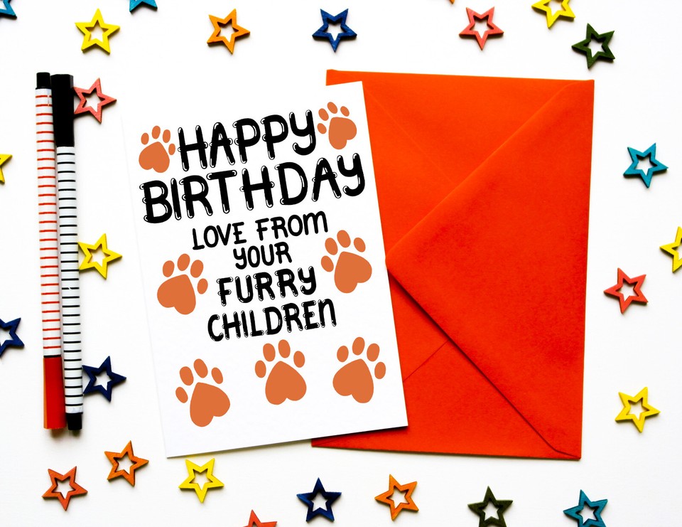 Furry Children Birthday Card Dad Mum Love from Dog Cat Fluffy Kids Fur ...