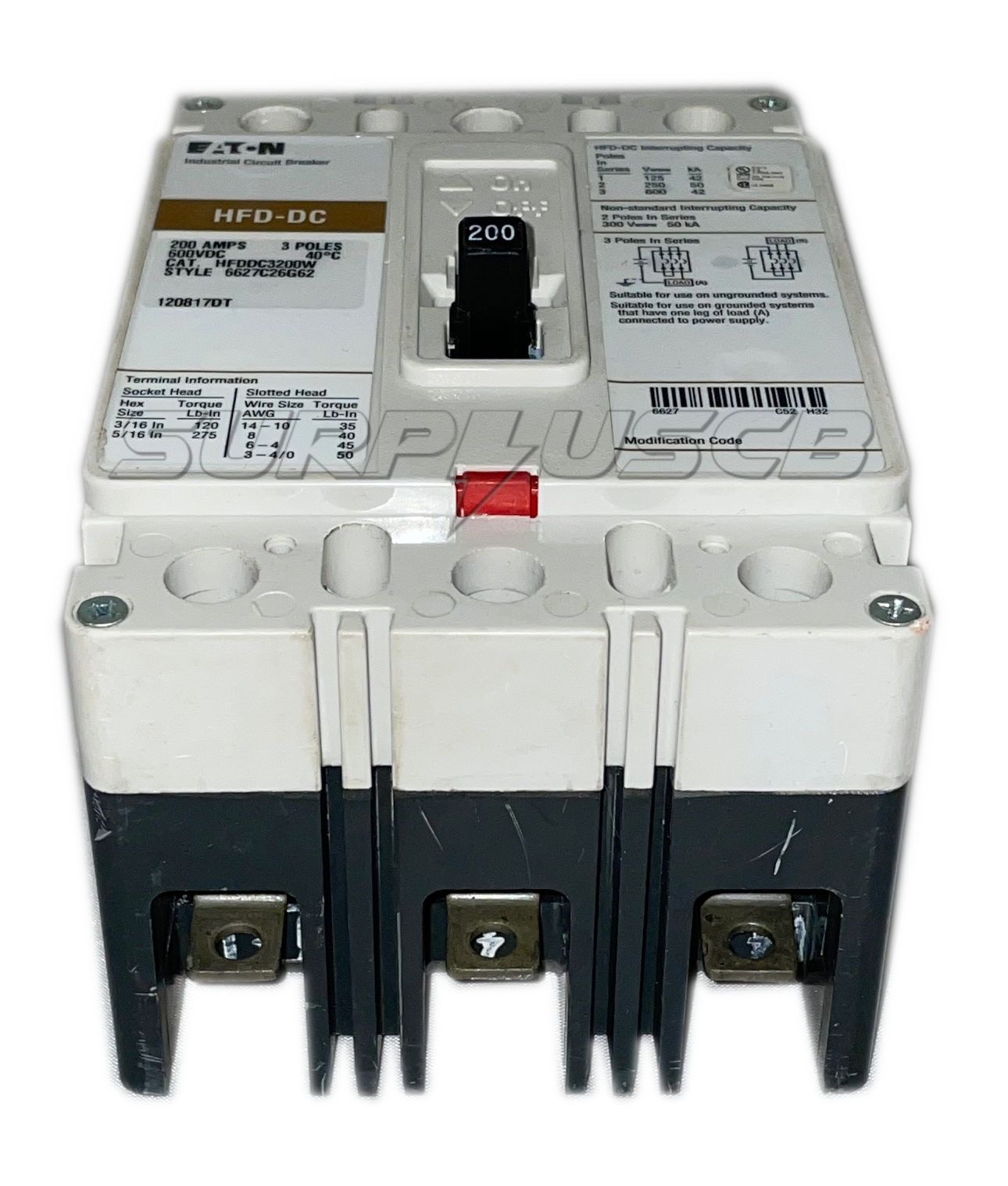 Eaton HFDDC3200W PV Guard Circuit Breaker, 3-Pole, 200 Amp, 600Vac, DC ...