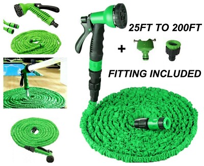 FLEXIBLE GARDEN HOSE EXPANDABLE WATER PIPE Spray Gun Extra Fitting 25FT ...