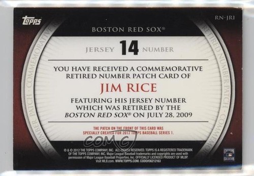 2012 Topps Manufactured Retired Number Patch Jim Rice #RN-JR1 Patch HOF ...