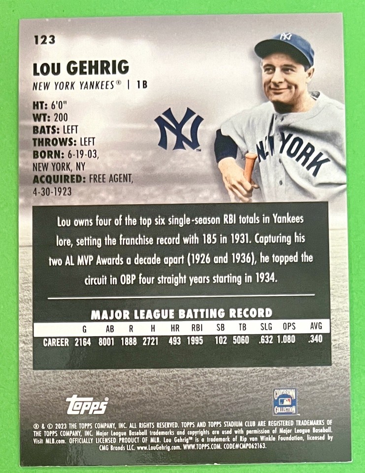 Lou Gehrig 2023 Topps Stadium Club RED FOIL PARALLEL Card #123 YANKEES ...