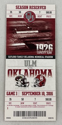 CFB 2016 09/10 Louisiana Monroe at Oklahoma Sooners Ticket-Mayfield ...
