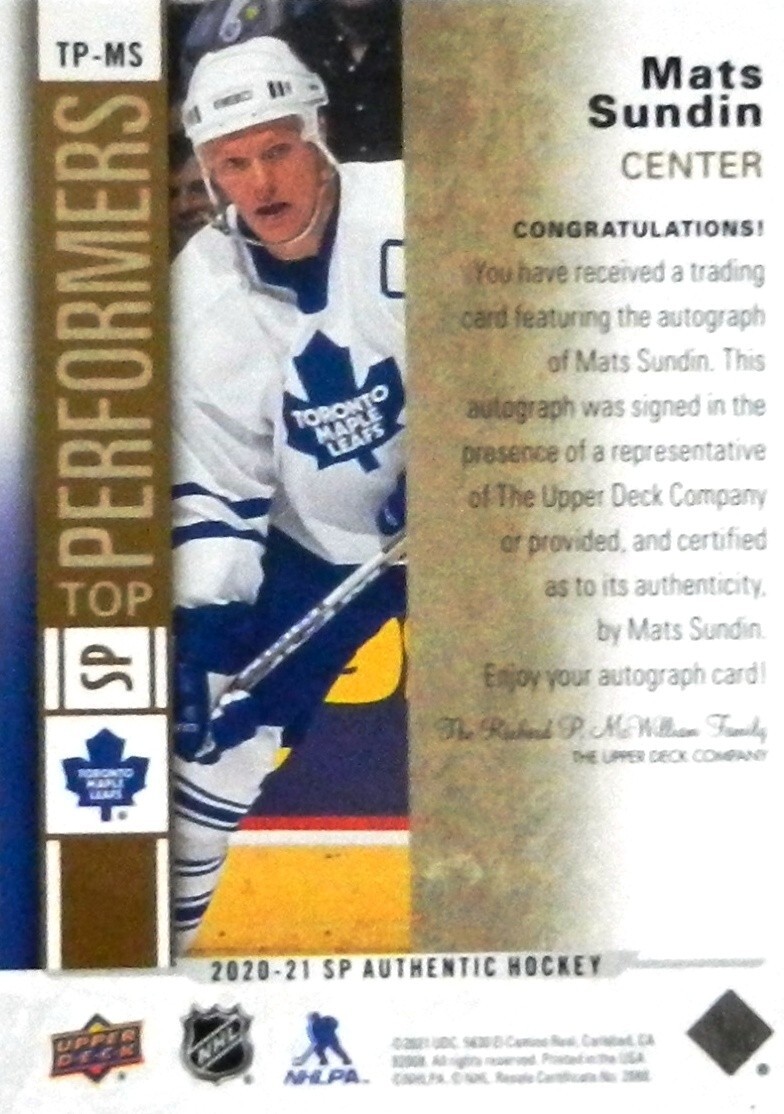 20-21 ud sp authentic top performers mats sundin leafs autograph auto ...