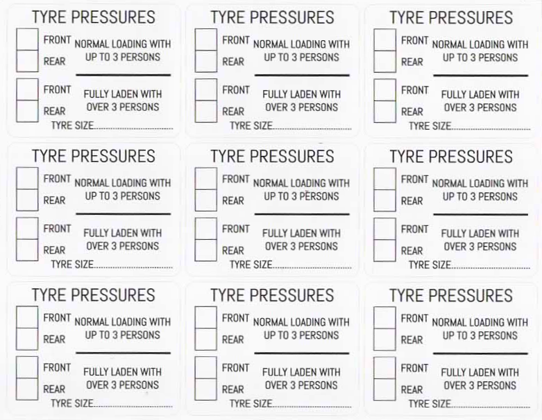 Tyre Pressure Label Stickers Vinyl Decals, Durable & Weatherproof (x9 ...