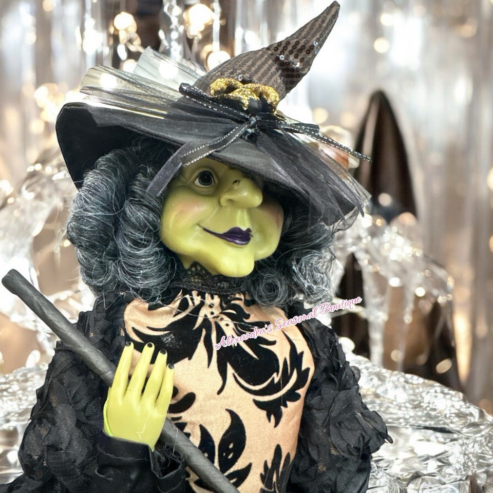 Green Face Halloween Witch Gold Dress W/ Glitter Broom Posable Shelf ...